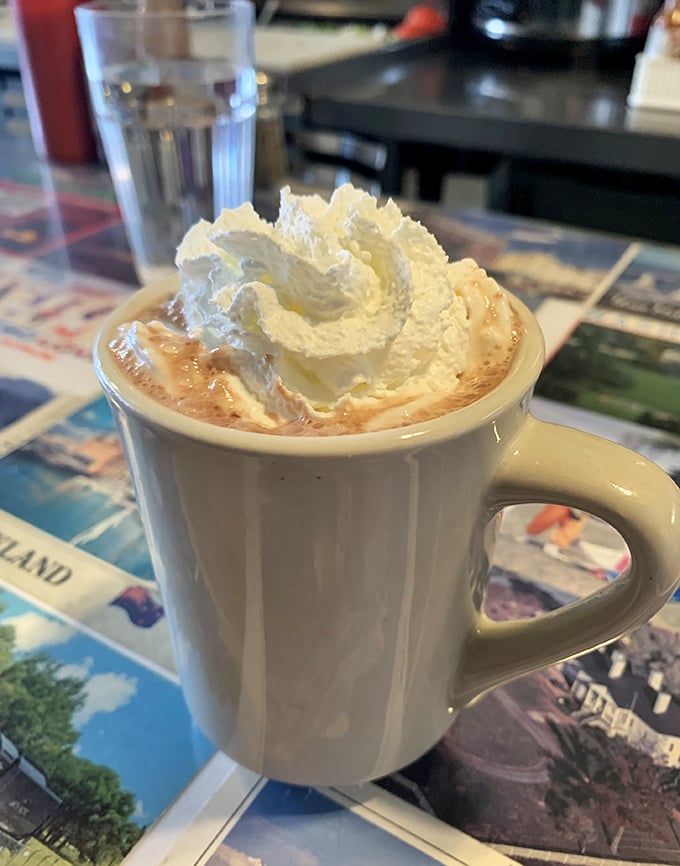 Hot chocolate topped with a cloud of whipped cream—because sometimes adults deserve a liquid dessert for breakfast too. 