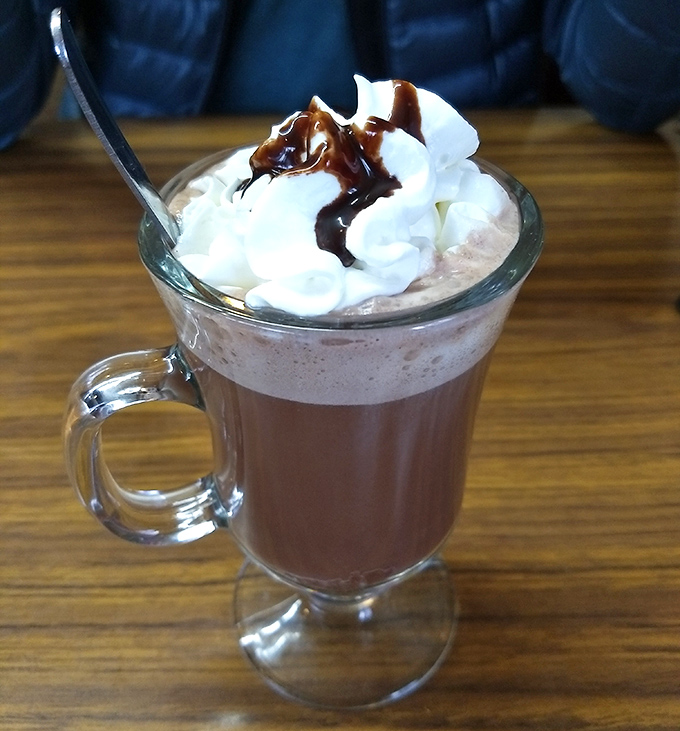 Hot chocolate that understands sometimes adults need whipped cream mountains too. This isn't a beverage—it's liquid nostalgia with chocolate drizzle.