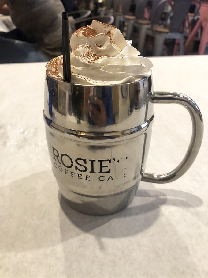 Not just hot chocolate—it's liquid dessert in a branded mug. The kind of drink that makes you wonder why anyone bothers with plain coffee.