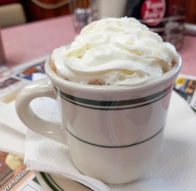 Hot chocolate that demands respect—crowned with a cloud of whipped cream that makes you wonder why anyone bothers with fancy coffee drinks.