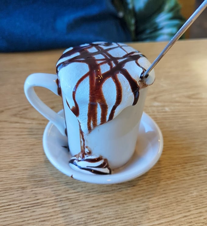 Hot chocolate that doesn't just arrive with whipped cream—it arrives with a chocolate drizzle performance art piece. This isn't a beverage; it's dessert in disguise.