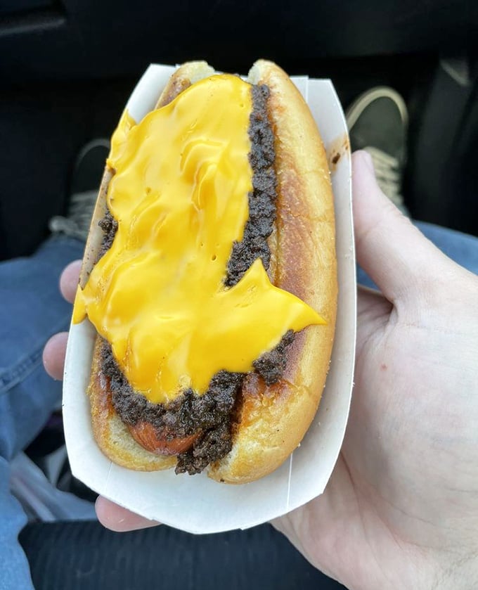 The classic hot dog gets the cheese treatment, creating that perfect marriage of savory meat and molten cheese that speaks directly to your inner child. 