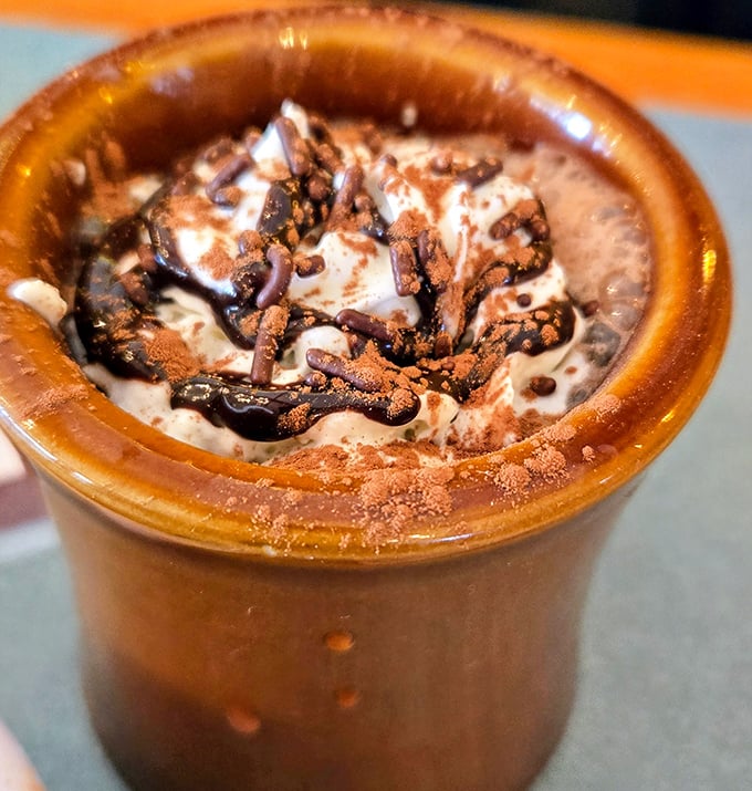 Hot chocolate that doesn't just warm your hands but hugs your soul—topped with whipped cream and chocolate that's melting like your resolve not to order dessert.