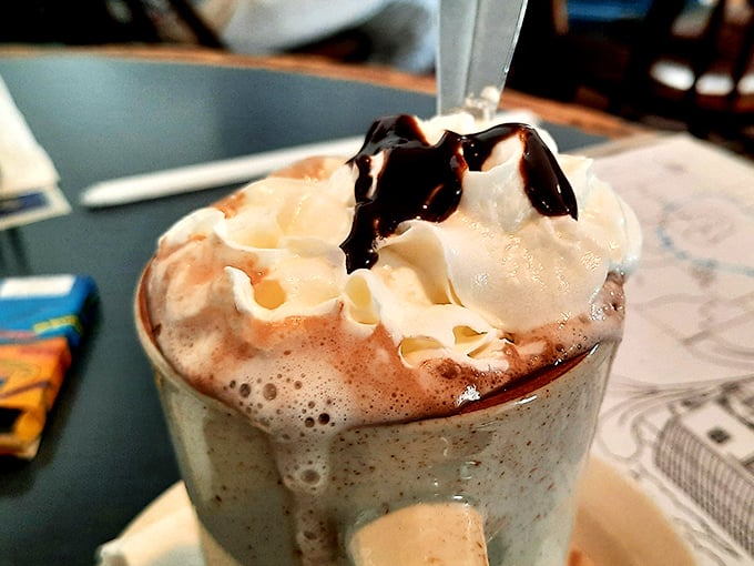 Hot chocolate topped with a cloud of whipped cream and chocolate drizzle—proof that happiness can indeed come in mug form.