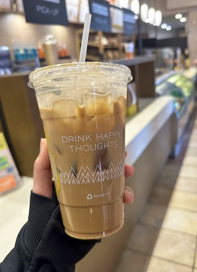 "Drink Happy Thoughts"—coffee philosophy we can all embrace. This iced elixir promises to fuel your Sedona adventures with caffeinated optimism.