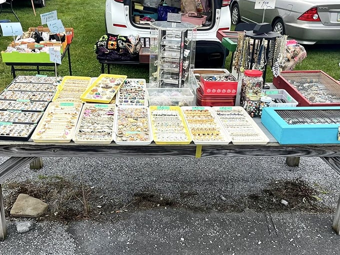 Jewelry displays that make your local department store counter look like it's not even trying—each tray a miniature treasure chest.