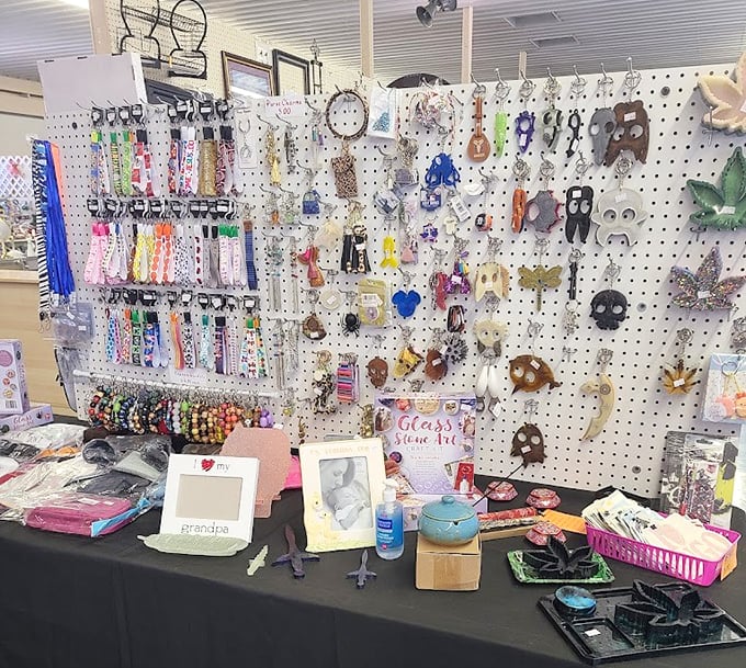 Pegboard paradise! From practical keychains to whimsical trinkets, this wall of wonders has something for every empty pocket.