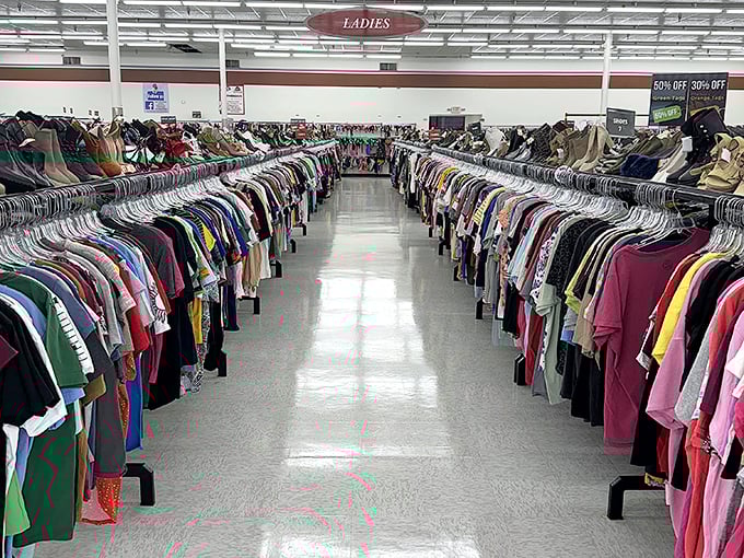 The ladies' section stretches to the horizon, a sea of possibilities where fashion meets frugality in perfect harmony.