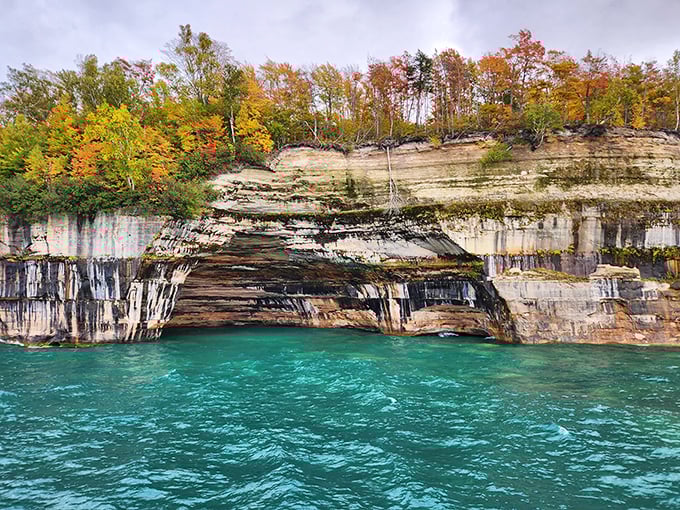 Fall foliage crowns these multicolored sandstone cliffs like nature's tiara—autumn in Michigan showing off again.