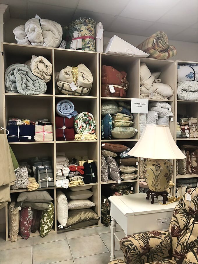 Linens and bedding stacked with military precision. Those Egyptian cotton sheets might have graced a beachfront mansion last season!