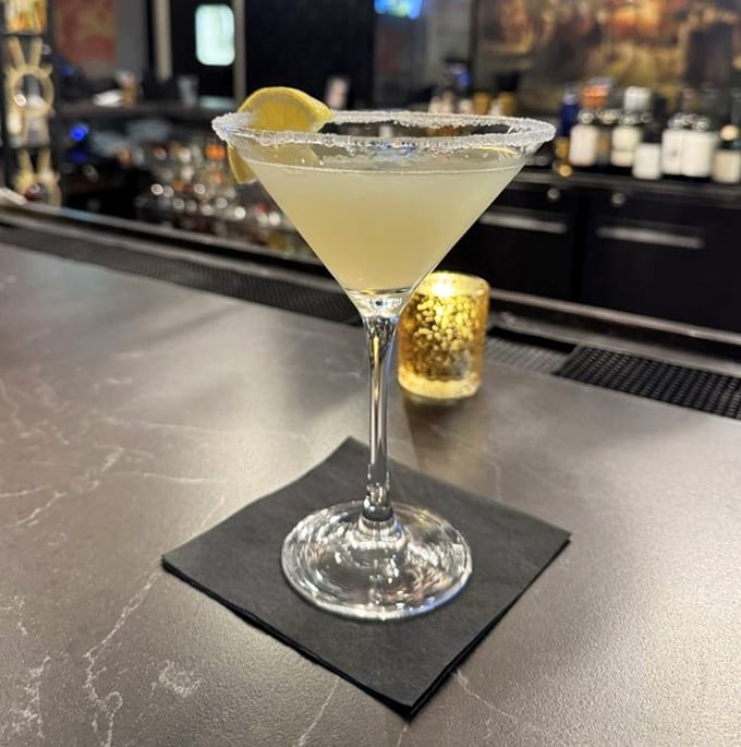 A martini so pristine it makes James Bond look sloppy. That sugar rim isn't just decoration—it's the difference between drinking and experiencing.