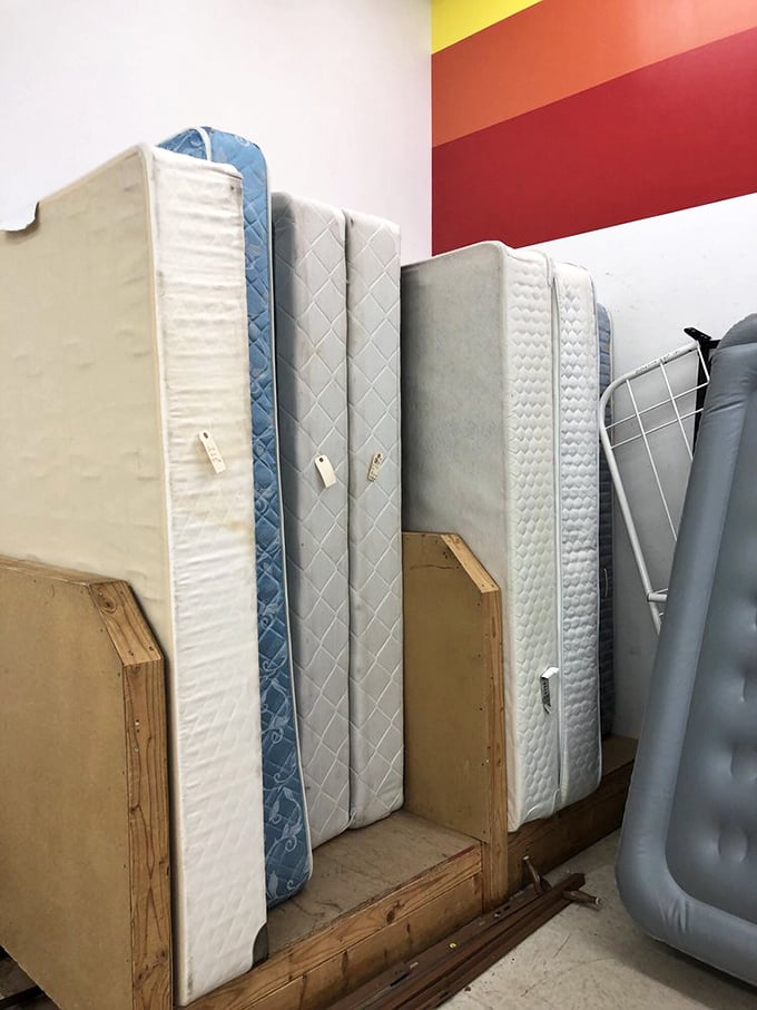 Mattresses lined up like dominos offer sweet dreams at sweeter prices—the ultimate thrift store practical find for budget-conscious shoppers.