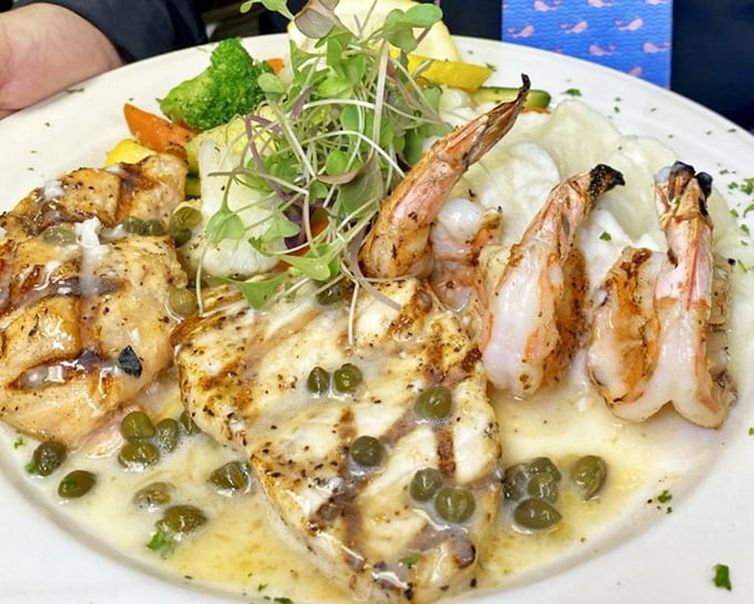 A seafood medley that's like the ocean's greatest hits album – each bite a different chart-topper, united by a buttery sauce worthy of applause.