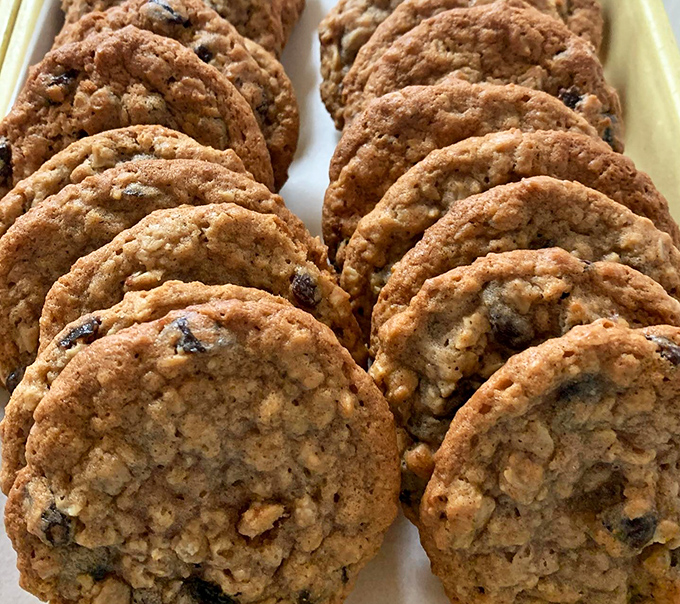Oatmeal raisin cookies lined up like delicious soldiers – crisp edges, chewy centers, and enough heft to make you feel like you're almost eating breakfast.