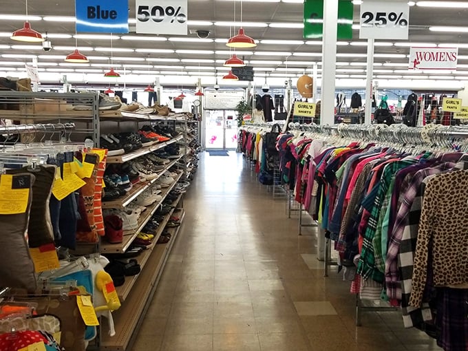 Color-coded racks and discount signs create the thrift store equivalent of wine regions – each section with its own terroir of secondhand treasures.
