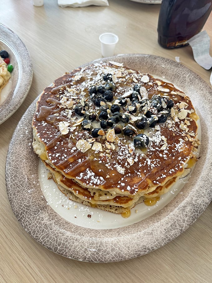Pancakes topped with blueberries and nuts—architecture so beautiful you almost feel guilty dismantling it. Almost.