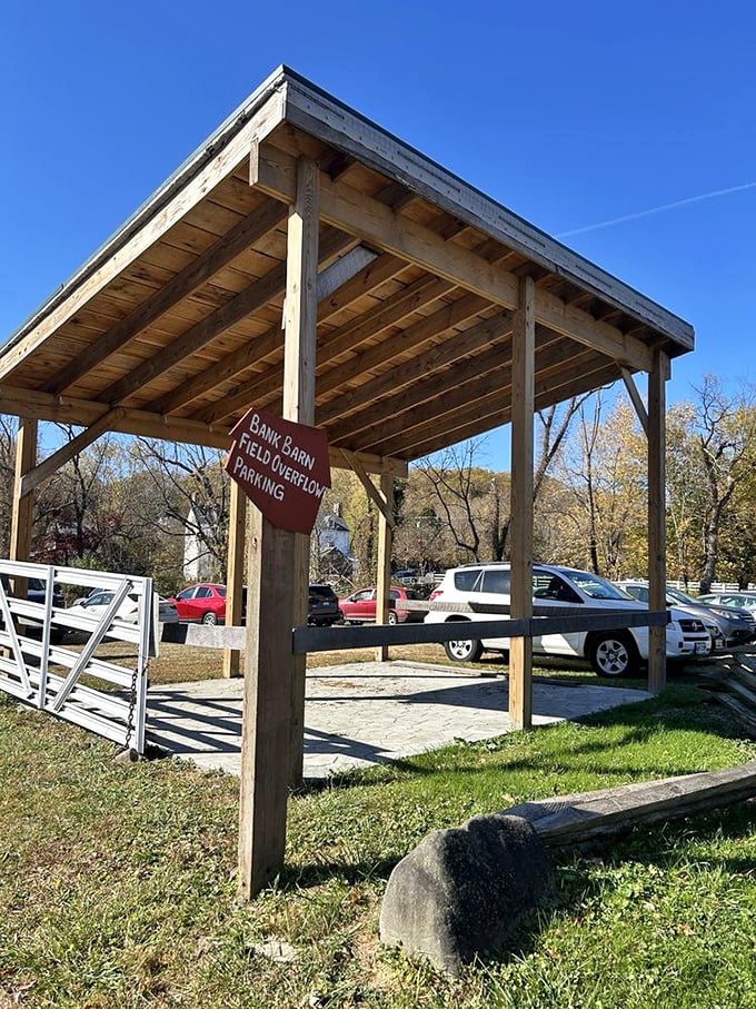 Even the parking area maintains historical integrity. No neon signs or ticket machines—just a simple shelter that says "welcome to yesterday."