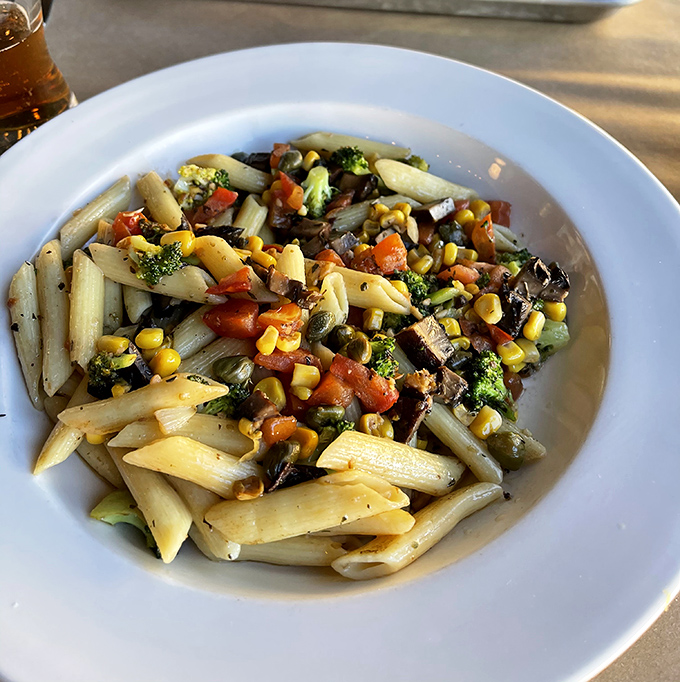 A colorful pasta medley that's like the United Nations of vegetables, all getting along deliciously on one plate.