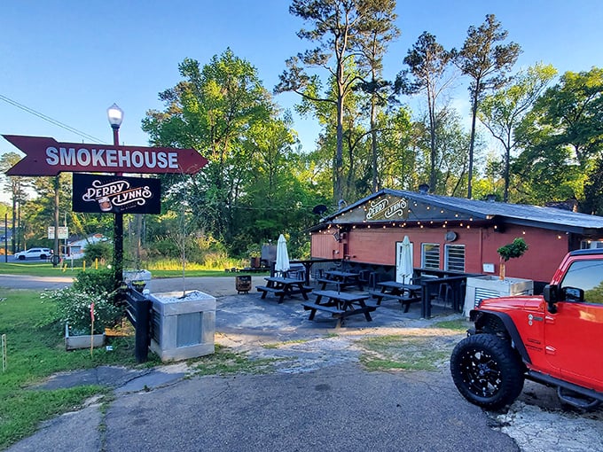 Perry Lynn's Smokehouse proves that sometimes the best barbecue joints look like they might fall over in a strong wind. Trust me, it's worth it.