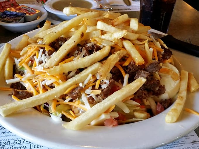 A mountain of crispy fries topped with steak, cheese, and veggies – it's what happens when a Philly cheesesteak and salad have a delicious identity crisis.
