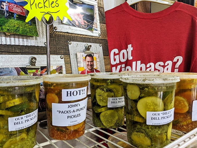 Pickle jars lined up like soldiers ready for duty. That "HOT!" label isn't a warning—it's a promise. 