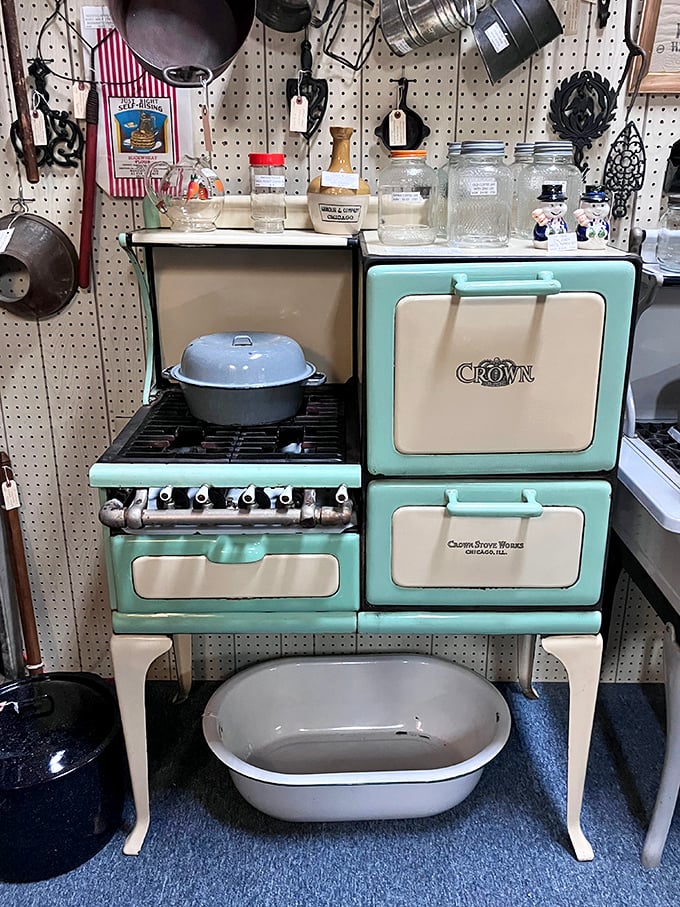 This mint-green Crown stove isn't just kitchen equipment—it's mid-century domestic architecture, when appliances were built like monuments.