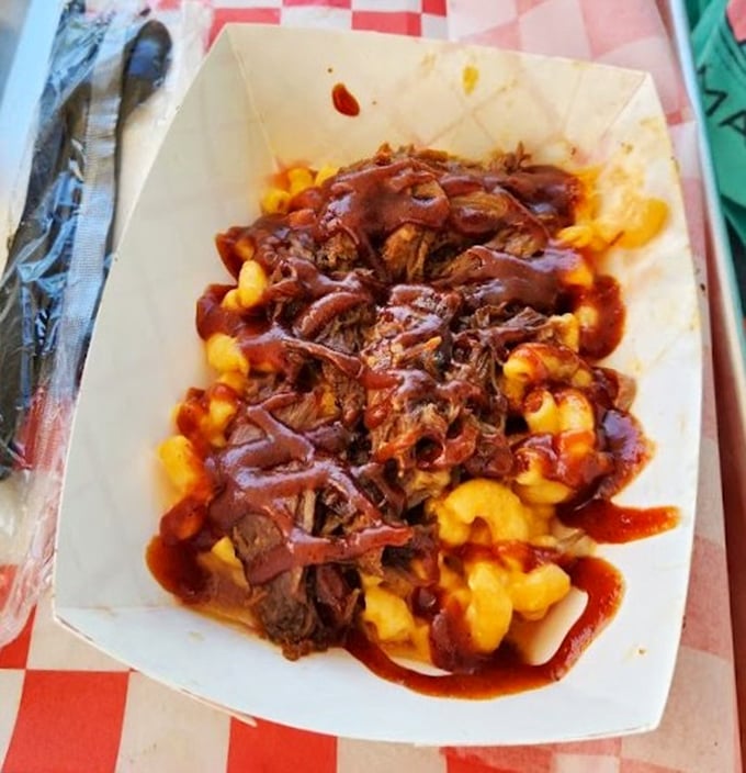 Mac and cheese topped with pulled pork and sauce—because sometimes comfort food needs its own comfort food. Carb-counting is tomorrow's problem.