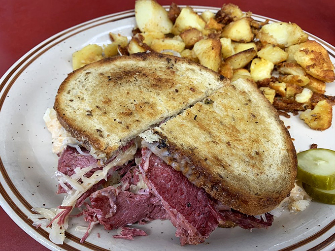A proper Reuben sandwich with those famous home fries—the lunch combination that's launched a thousand detours off I-84.