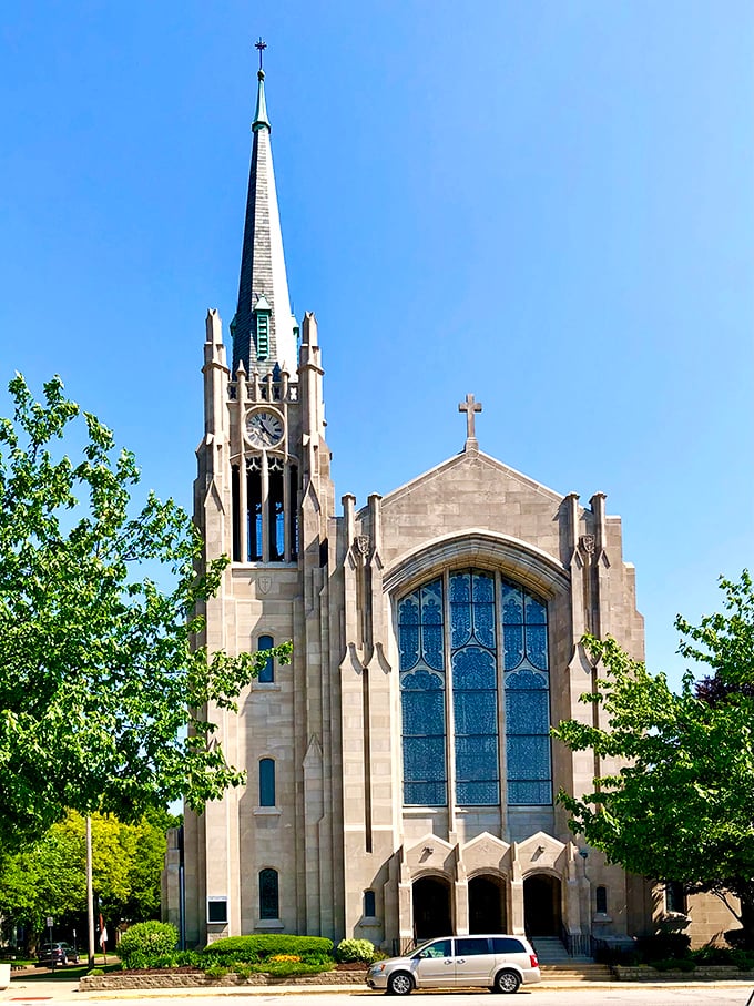 Sacred Heart's soaring spire reaches heavenward, its Gothic lines and stained glass offering spiritual solace and architectural wonder in equal measure.