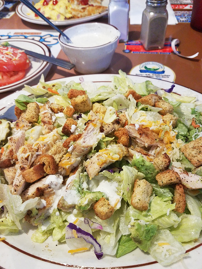 A salad this abundant makes you forget you're being virtuous—crisp lettuce, grilled chicken, and enough croutons to make a carb-counter nervous.