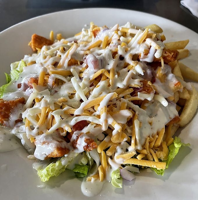Not just any salad—a loaded masterpiece with crisp lettuce, seasoned chicken, and a shower of cheese. Proof that diners can do fresh and indulgent in the same dish.