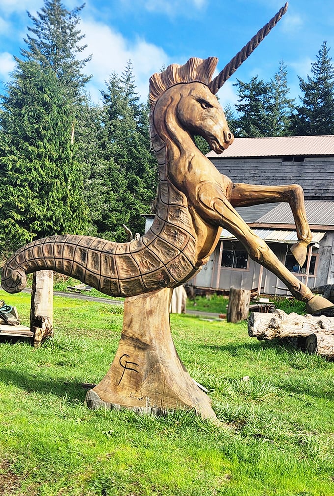 Half horse, half fantasy—this wooden unicorn appears ready to gallop off into the Oregon forest at any moment.