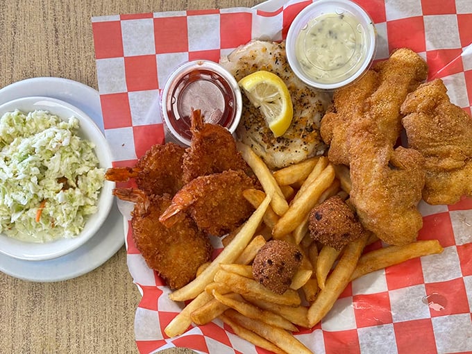 The seafood platter proves that even in landlocked Ohio, you can find treasures from the sea. That coleslaw isn't just a side—it's an essential co-pilot.