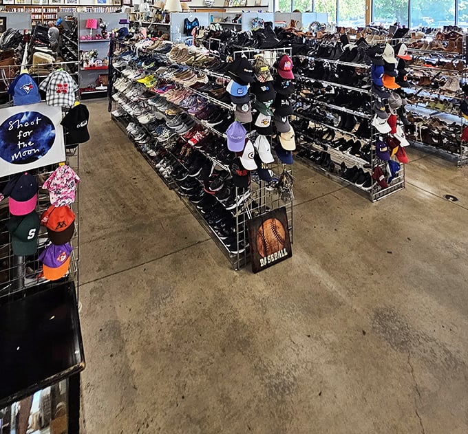 Shoe paradise meets hat heaven in this organized maze of footwear and headwear waiting for adoption.
