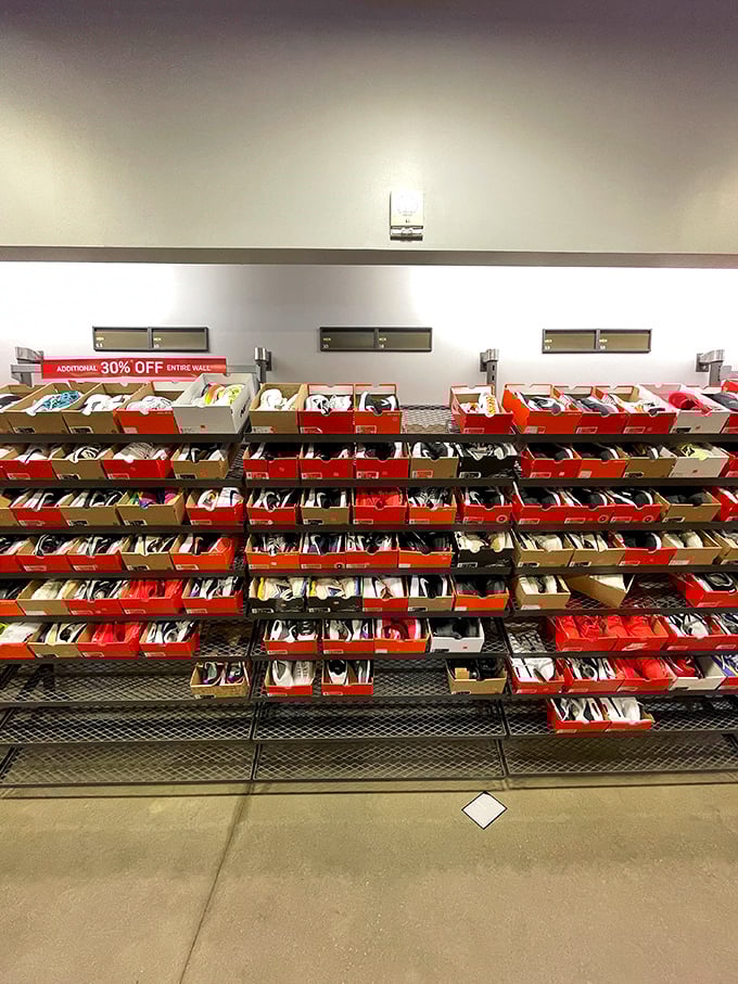 Shoe paradise—where "I'll just try these on" becomes "I'll take these in every color." The sign says 30% off, but your heart says 100% necessary.