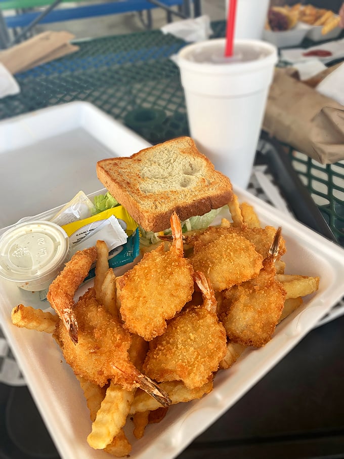 Breaded shrimp and fries served with the kind of unpretentious confidence that says, "Yes, we're inland, but we know our seafood."