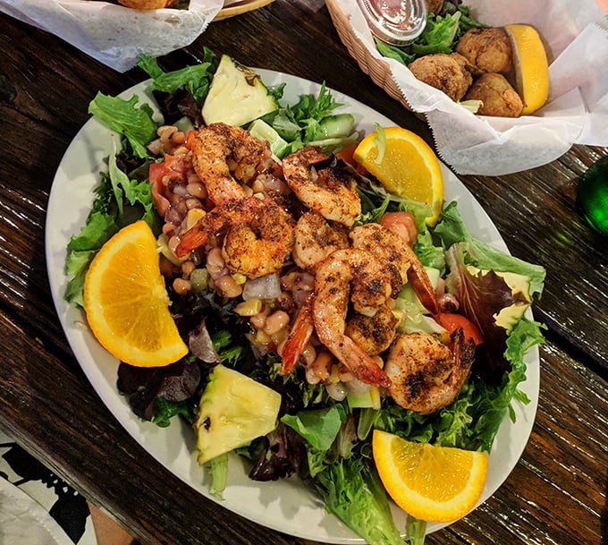 A shrimp salad that proves healthy eating doesn't have to be punishment. Those plump shrimp look like they're doing synchronized swimming in greens.