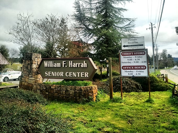 The William F. Harrah Senior Center sign stands as a landmark for both locals and bargain-hunting tourists passing through Willits.