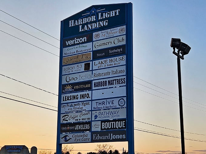 The directory sign reveals Harbor Light Landing's impressive variety – from jewelry to gelato, mattresses to Mexican food, all with water views.