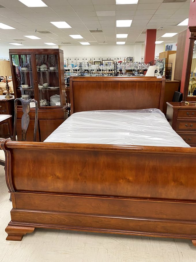 A sleigh bed fit for Santa himself—solid wood craftsmanship that laughs at IKEA's assembly instructions and will outlive your mortgage.