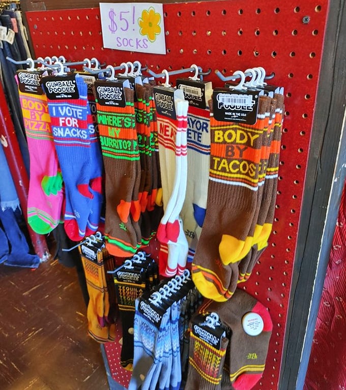 Socks that tell better jokes than most stand-up comedians. "Body by tacos" isn't just footwear—it's a lifestyle manifesto.