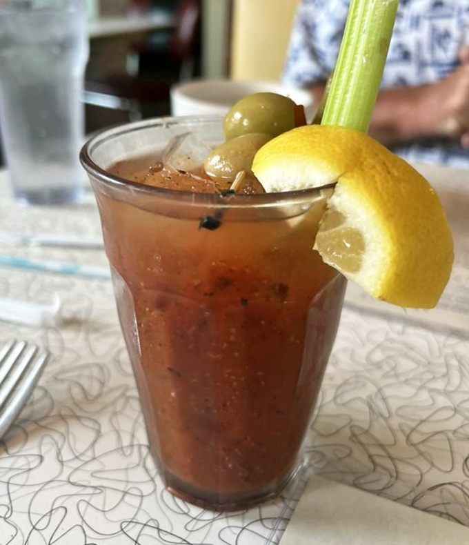 This isn't your average Bloody Mary—it's a spicy meal in a glass, garnished with enough accessories to qualify as a small salad.