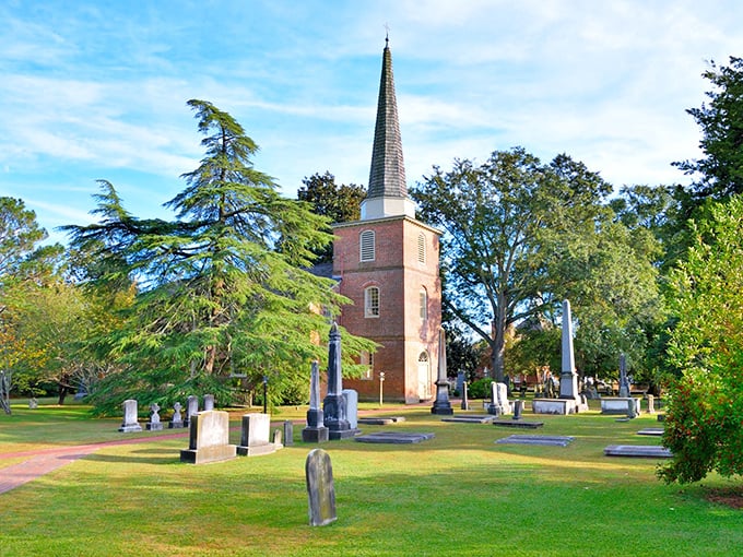 St. Paul's Episcopal Church stands watch over its historic cemetery, where centuries of Edenton residents rest beneath a canopy of ancient trees.