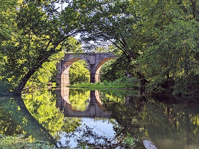 Starkey Park's stone bridge reflects perfectly in still waters, creating a double dose of serenity just minutes from downtown's bustle.
