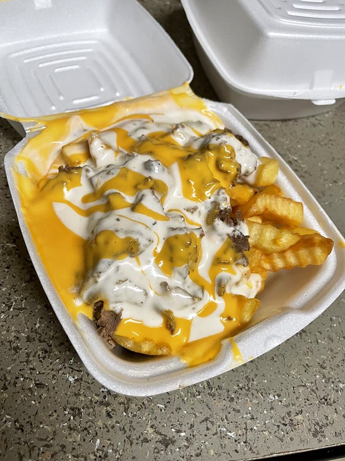 Loaded fries that require a strategic eating plan—each bite delivering a trifecta of cheese, ranch, and bacon that makes sharing seem like a terrible idea.