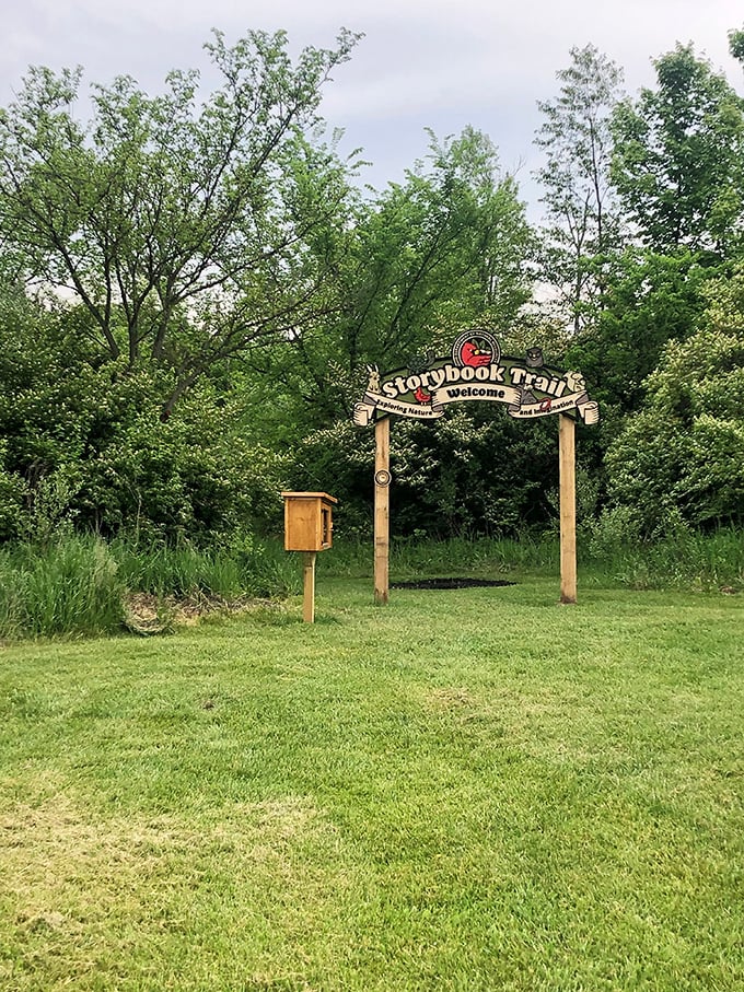 The Storybook Trail entrance promises adventures that don't require WiFi, batteries, or software updates—just imagination and comfortable shoes.