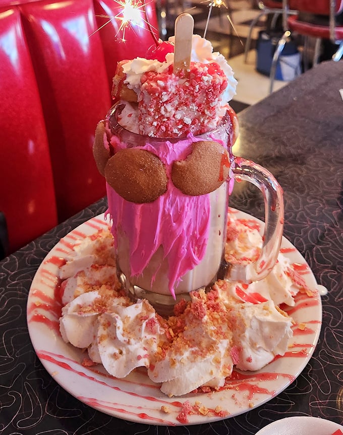 Not just a milkshake, but a carnival in a glass. This strawberry creation comes with its own sparkler – dessert and entertainment in one.