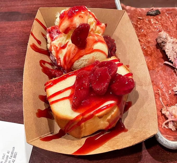 Even dessert gets the royal treatment – strawberry-topped pound cake that provides the perfect sweet finale to a smoky symphony.