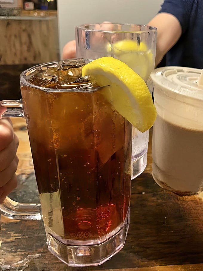 Sweet tea served properly—in a glass big enough to quench a serious thirst, with a lemon slice that's not just for show.