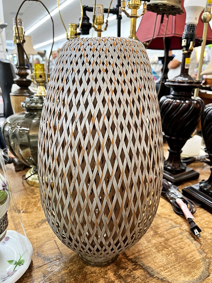 Lighting treasure hunt: between vintage brass and modern ceramic, your perfect lamp awaits. That woven beauty would cost triple at Pottery Barn.